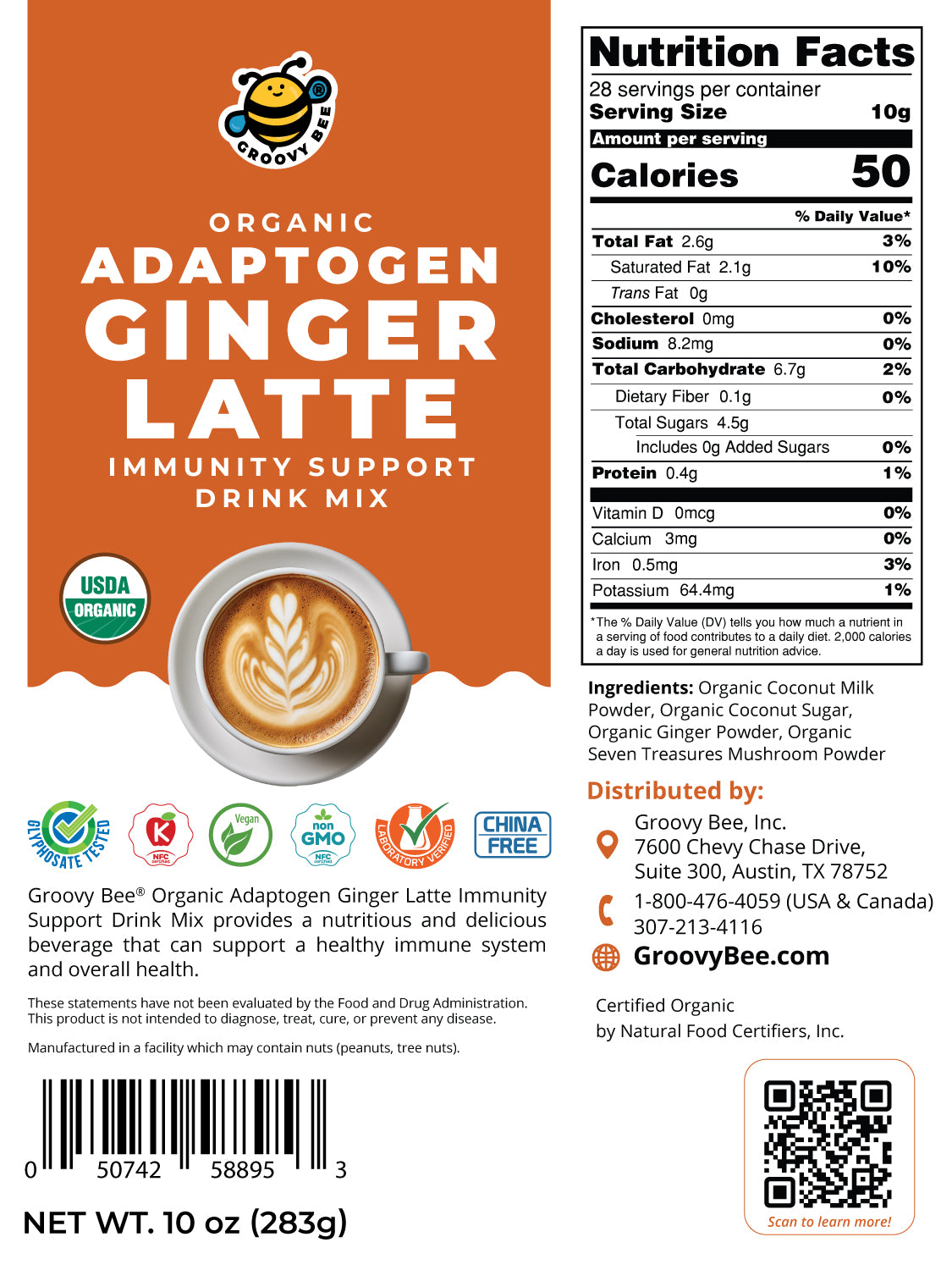 Organic Adaptogen Ginger Latte - Immune Support Drink Mix 10 oz (283g ...
