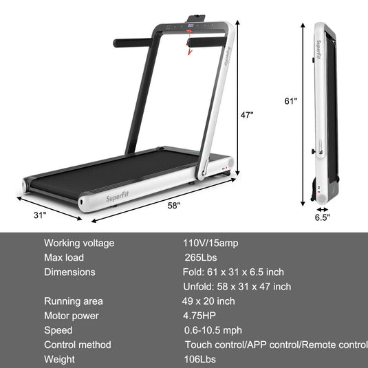 4.75HP 2 In 1 Folding Treadmill with Remote APP Control-White – Health ...