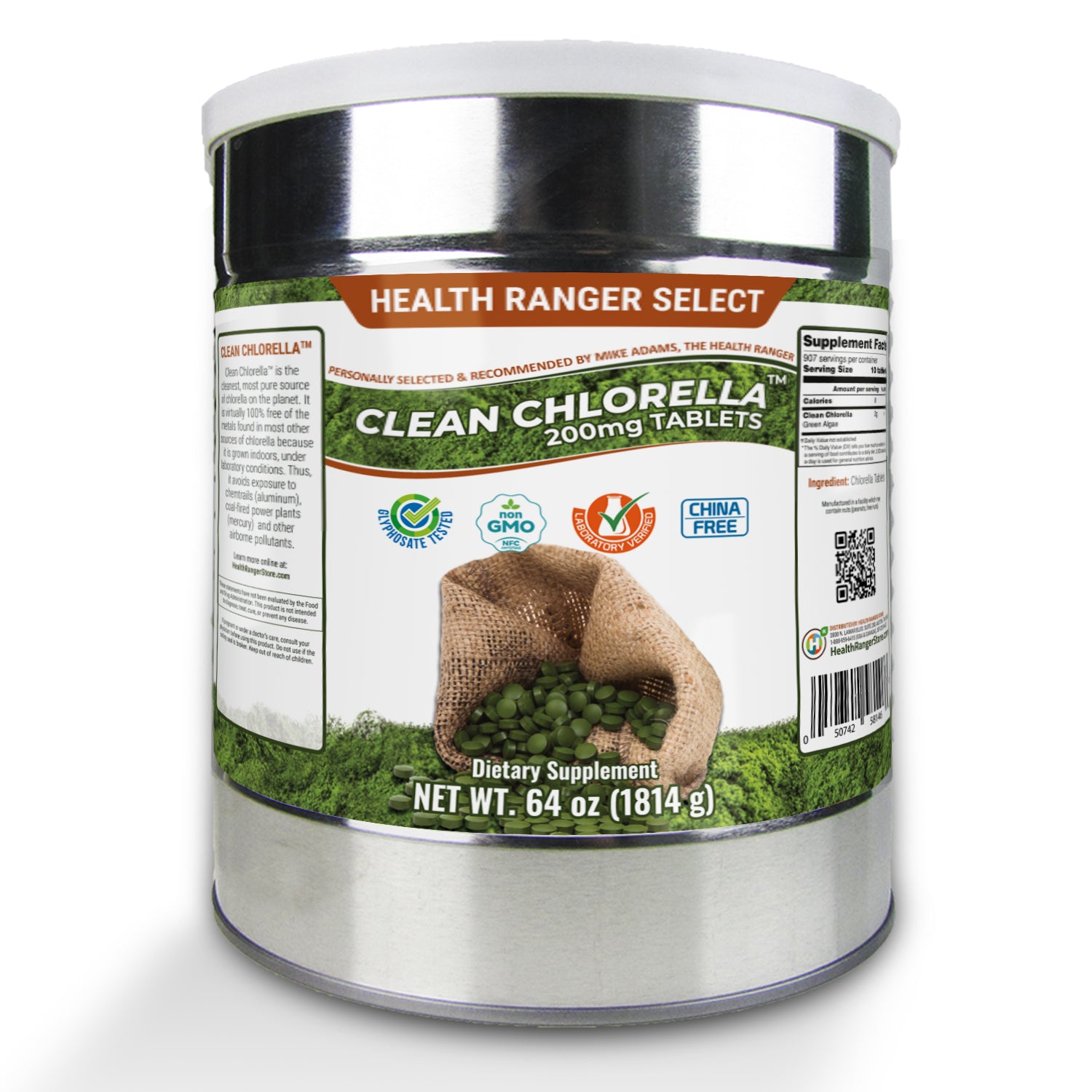 Clean Chlorella 200mg Tablets (64oz, 1814g) #10 can, approximately 907 ...