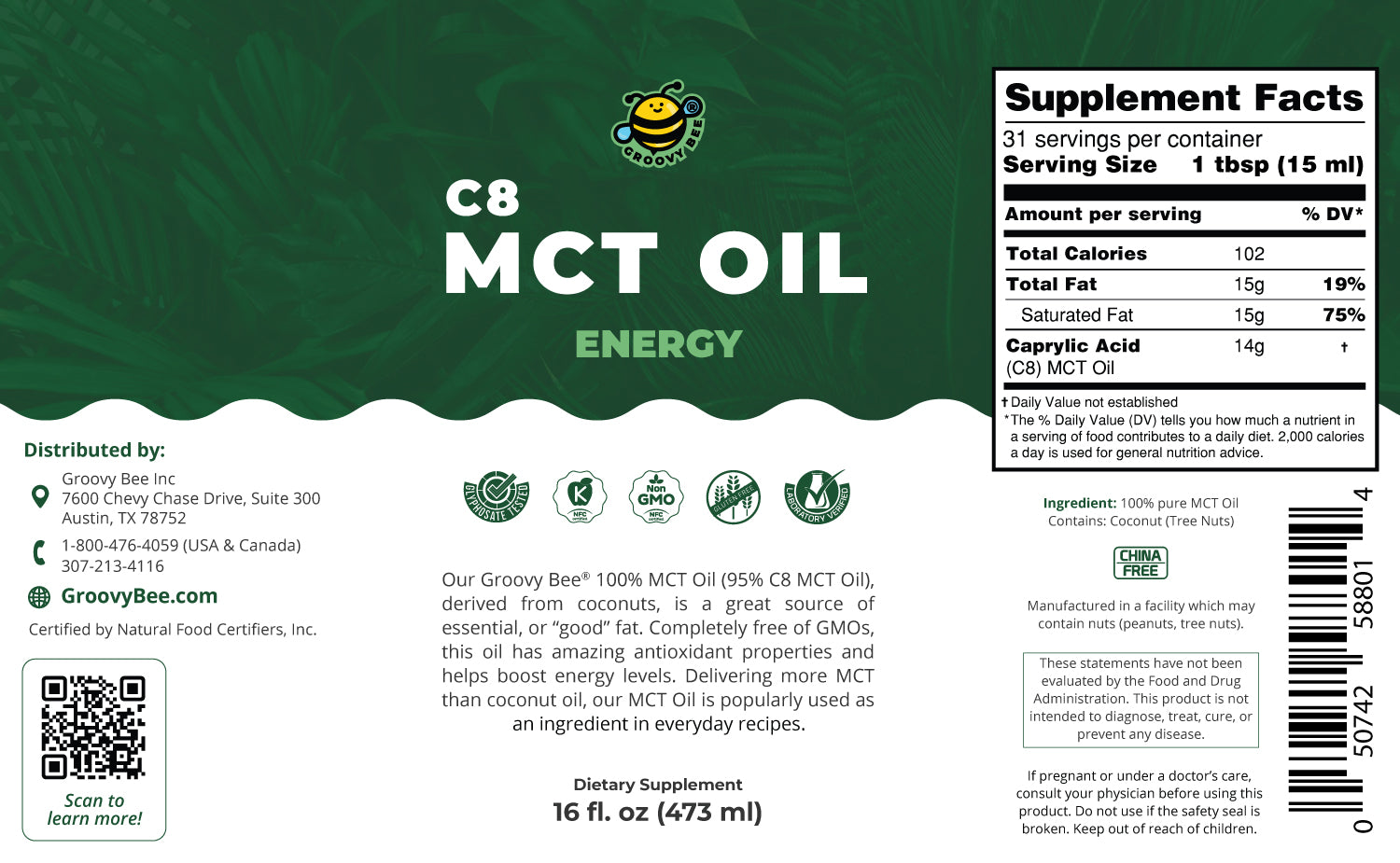 100% MCT Oil (95% C8 MCT Oil) - Energy 16 fl oz (473 ml) – Health ...
